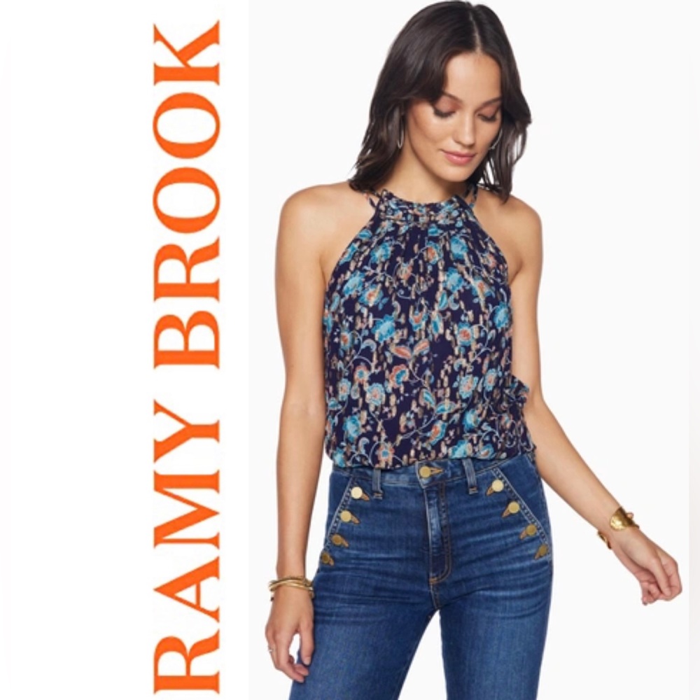 Ramy Brook Kira Metallic Floral Halter Neck Top - Gem